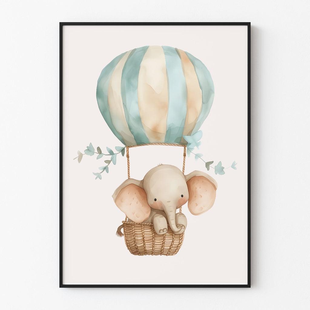 Affiche Décoration Chambre Bébé - "Éléphant en Montgolfière Aventureus ...